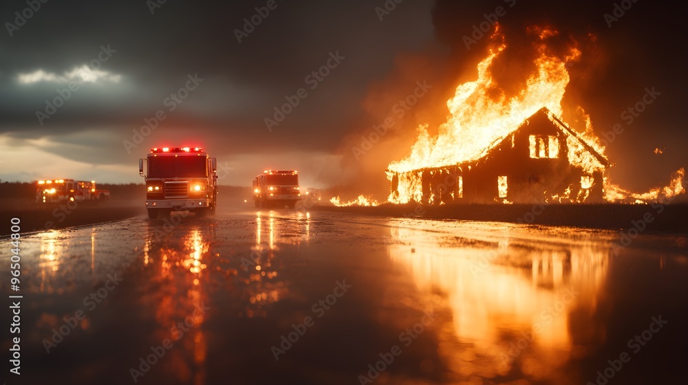 House on fire at night after a lightning strike, flames roaring high ...