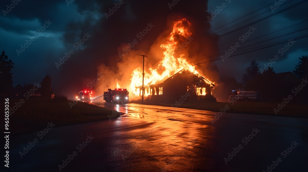 House on fire at night after a lightning strike, flames roaring high ...