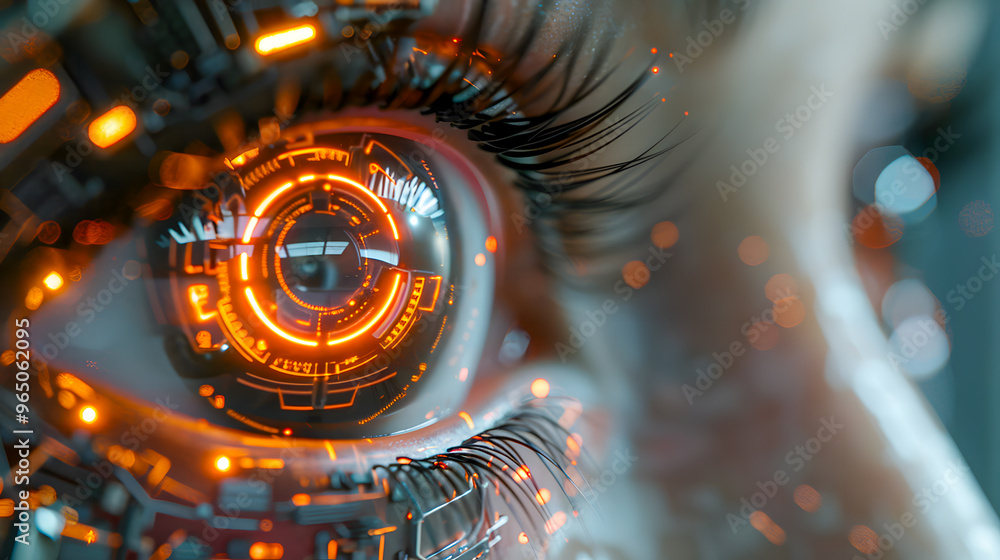 Zoomed-in image of a robotic eye with advanced sensors, mimicking human ...