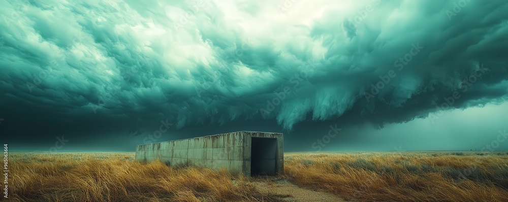 Emergency shelter or bunker during a severe storm, demonstrating ...