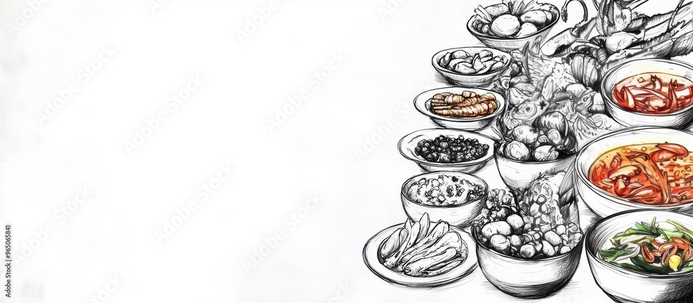 sketches of various food menus lying on the table form a blank space ...