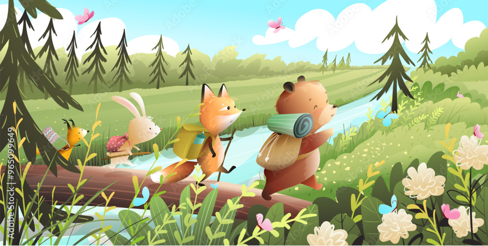 Forest animals hiking, crossing river on a wooden log. Bear fox ...