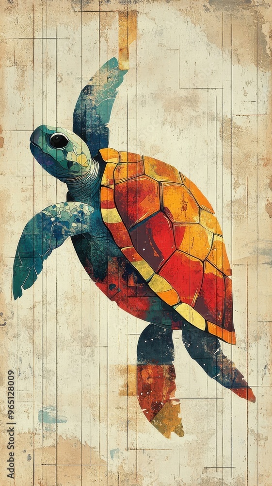 Stylized, a turtle or tortoise illustrated with distinctive color ...