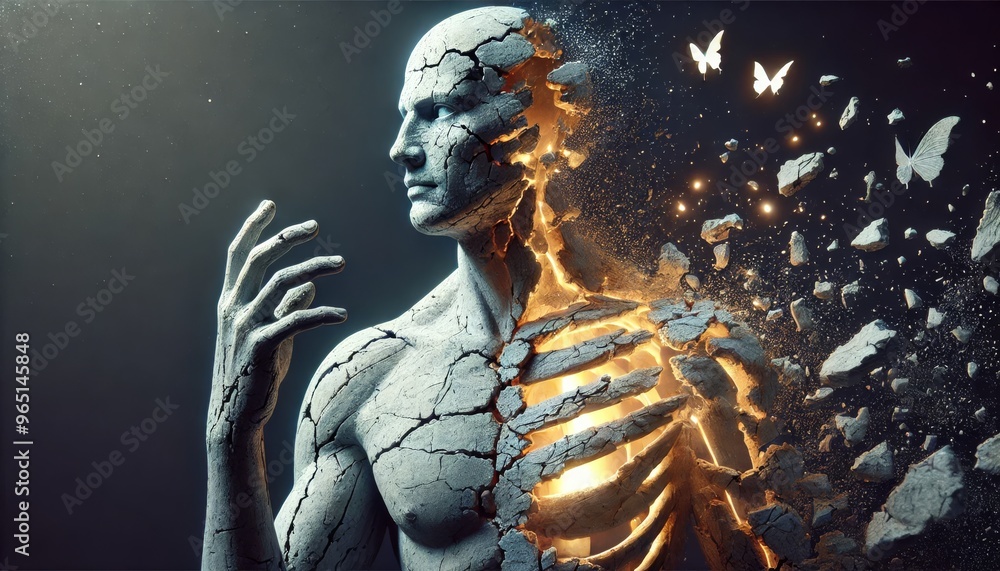 A detailed sculpture of a human figure decaying with pieces falling off ...