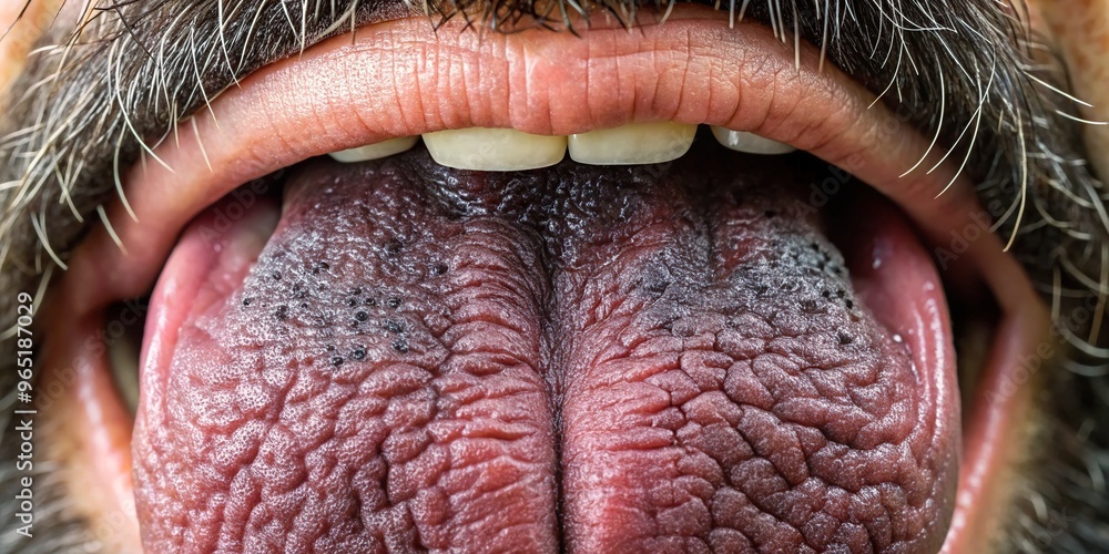 Macro view of a severe case of black hairy tongue, characterized by ...