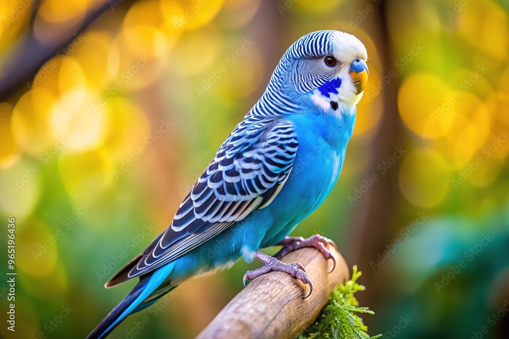 Vibrant blue budgie parakeet perches on a wooden dowel, its bright ...