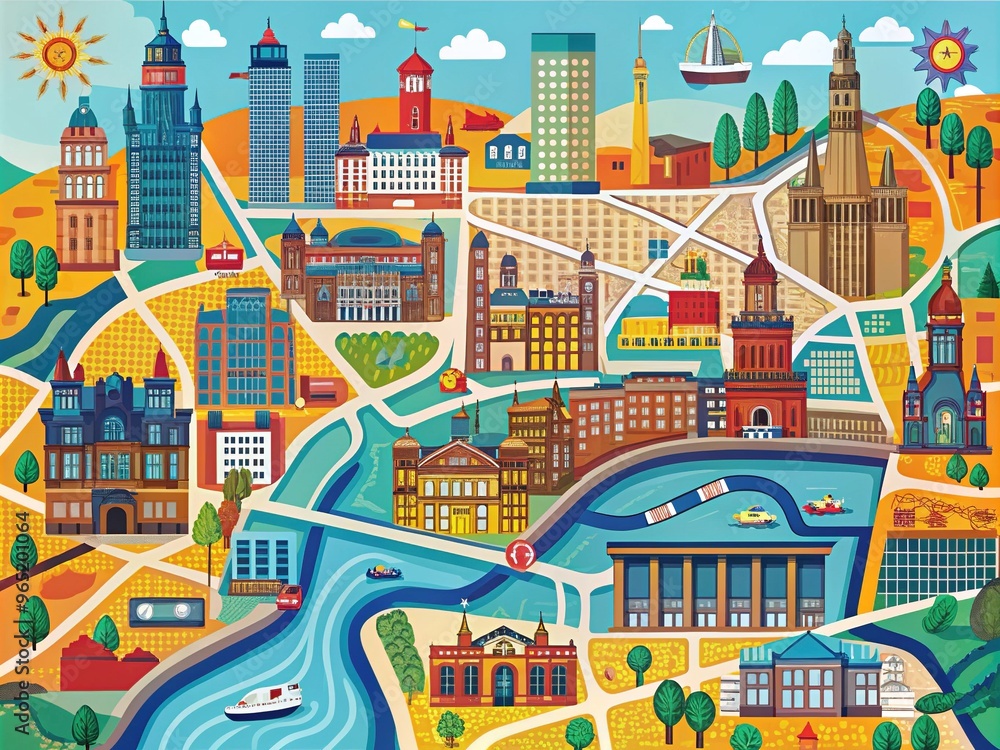Vibrant illustration of Manchester, England's city map featuring iconic ...