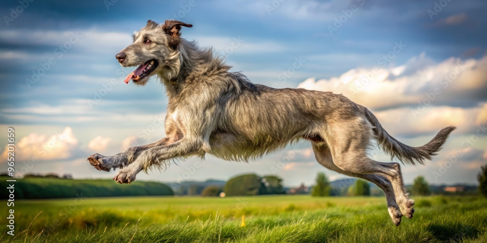 The Irish Wolfhound, its muscular physique evident, bounds ahead with ...
