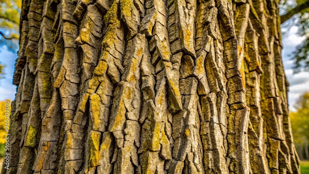 The mature black poplar tree's bark showcases a complex dance of ridges ...