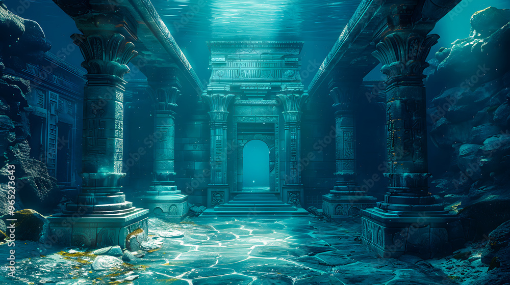 Raster illustration of underwater sunken ancient city. Ruins of an ...
