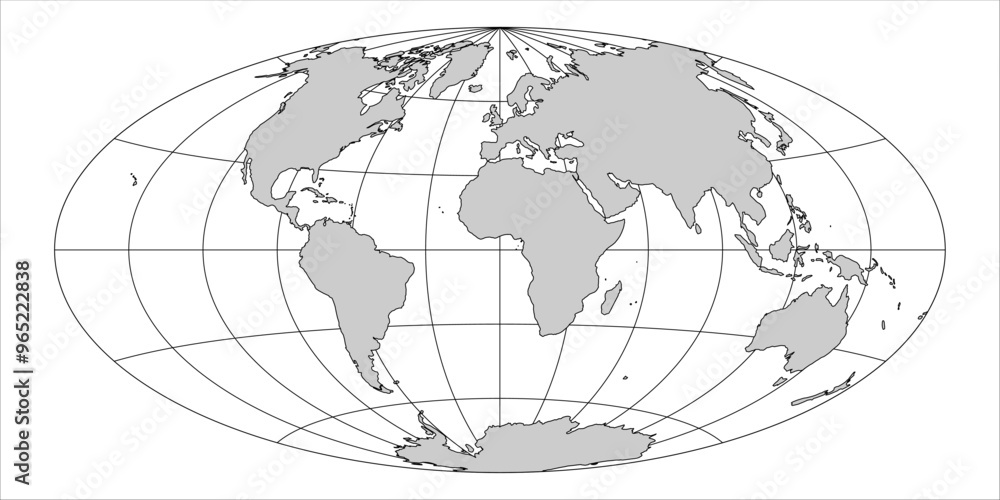 This vector representation displays the world map in Aitoff projection ...