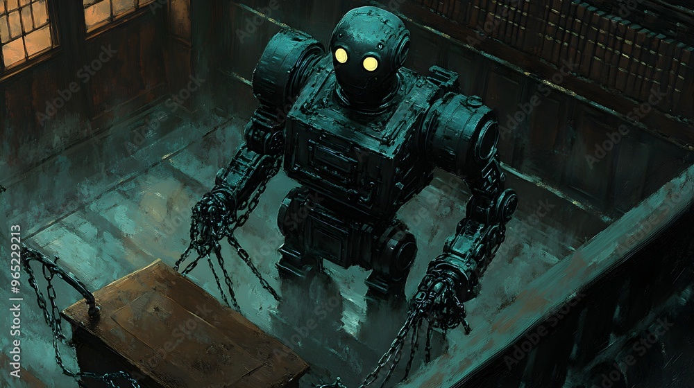 Humanoid robot in chains, facing a judge in a dark, moody courtroom ...