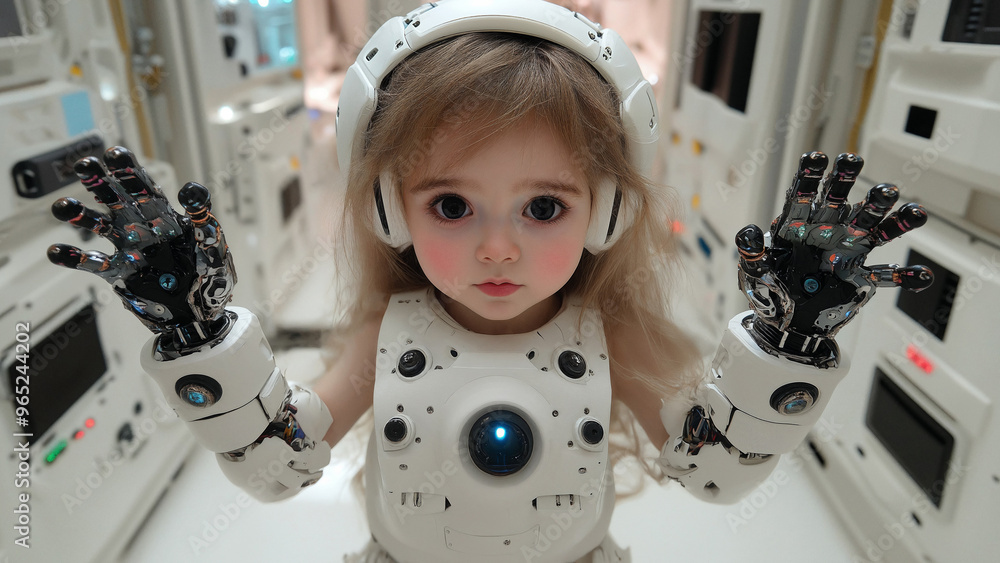Lifelike humanoid robot girl toddler with expressive face and robotic ...