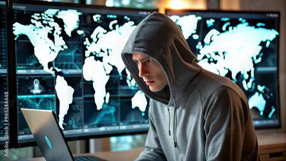 Cyber Attack Scenario with Hacker in Hoodie – Individual in a hoodie using multiple screens with ...