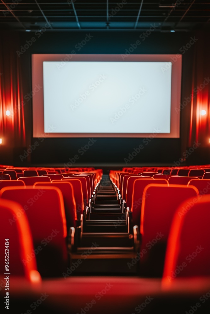 Empty movie theater featuring red seats and a blank screen, capturing a ...