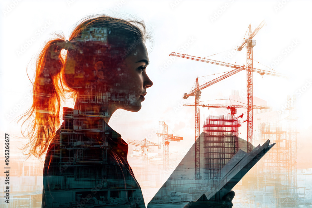 Double exposure showing a female graduation-capped civil engineer ...
