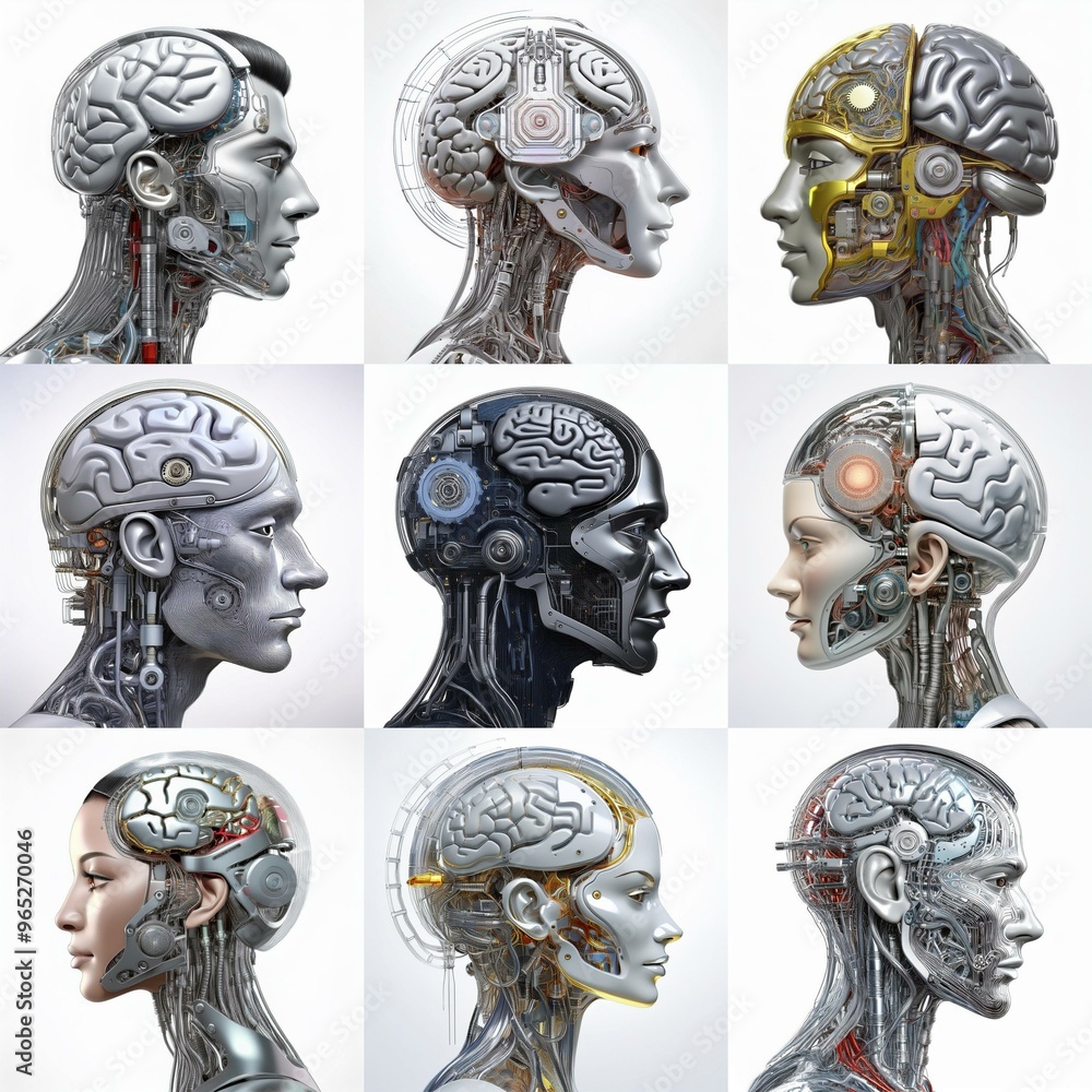 Nine 3d isometric renderings of human heads with a cross section of the ...