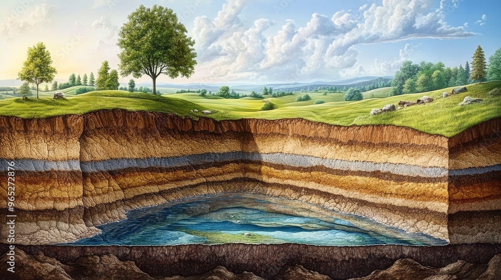 A geological cross-section showcases layered moist soil aquifers and ...