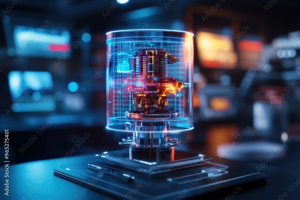 A 3D hologram with transparent layers revealing the internal mechanisms ...