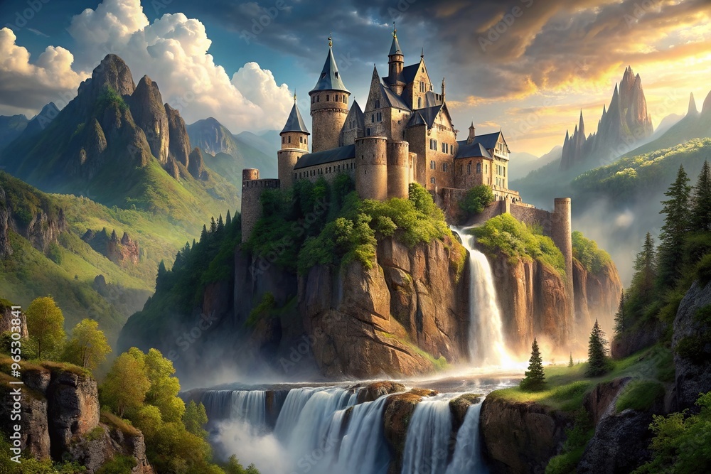 Painting of a majestic medieval castle perched atop a rugged mountain ...