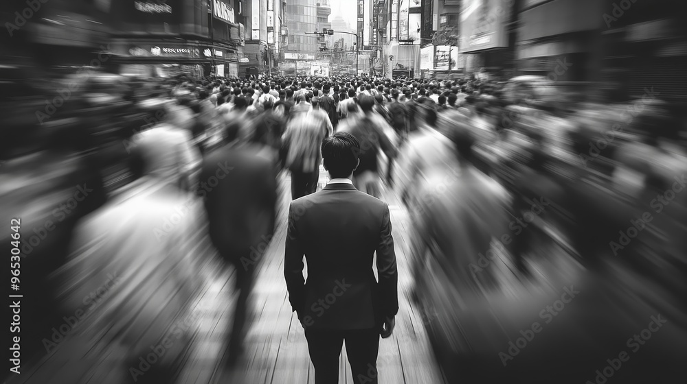 A lone man standing in the middle of a moving blurry crowd. Social ...