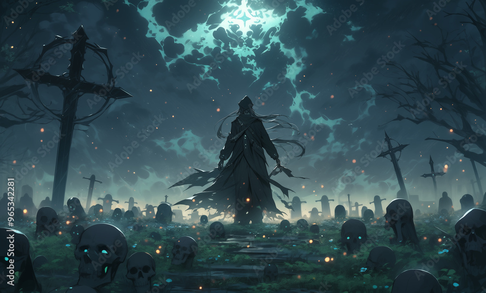 Anime necromancer with flowing dark robes, summoning skeletal minions ...