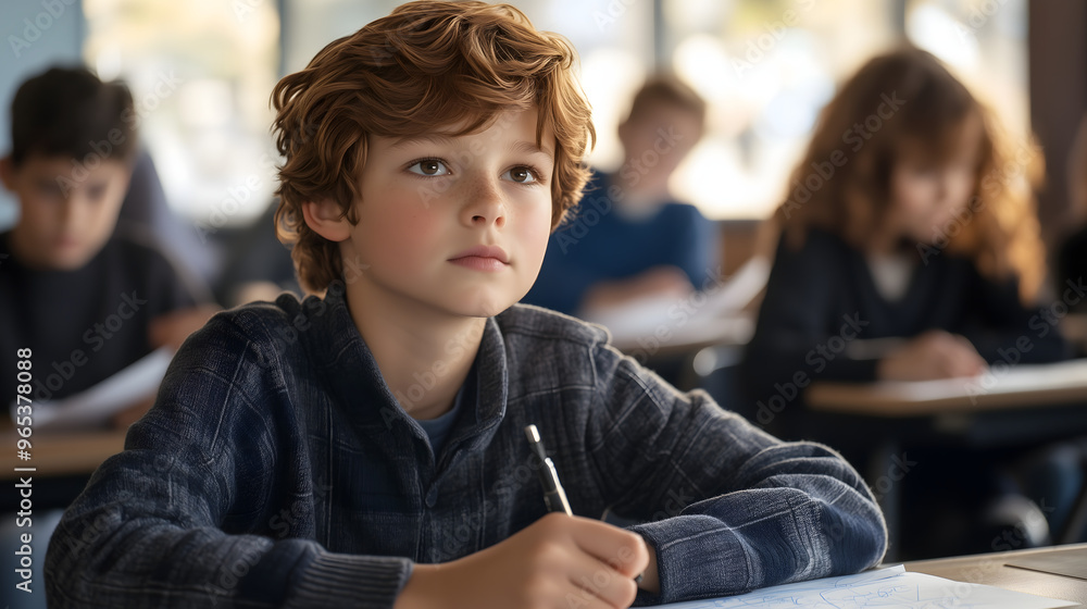 Niño atento tomando apuntes en el aula durante una lección Stock ...