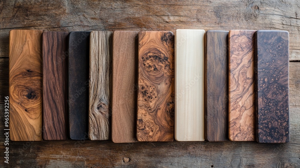 Selection of walnut wood swatches, each with distinct grainy textures ...