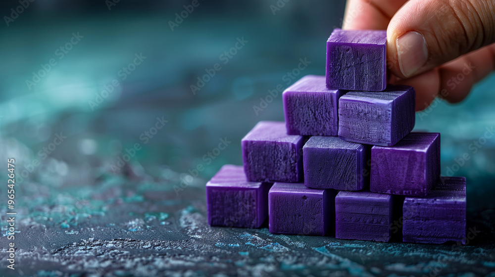 Hand stacking purple wooden blocks in a pyramid shape on a table ...