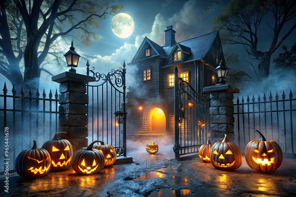 Spooky haunted house entrance at midnight, eerie fog surrounds creaky ...