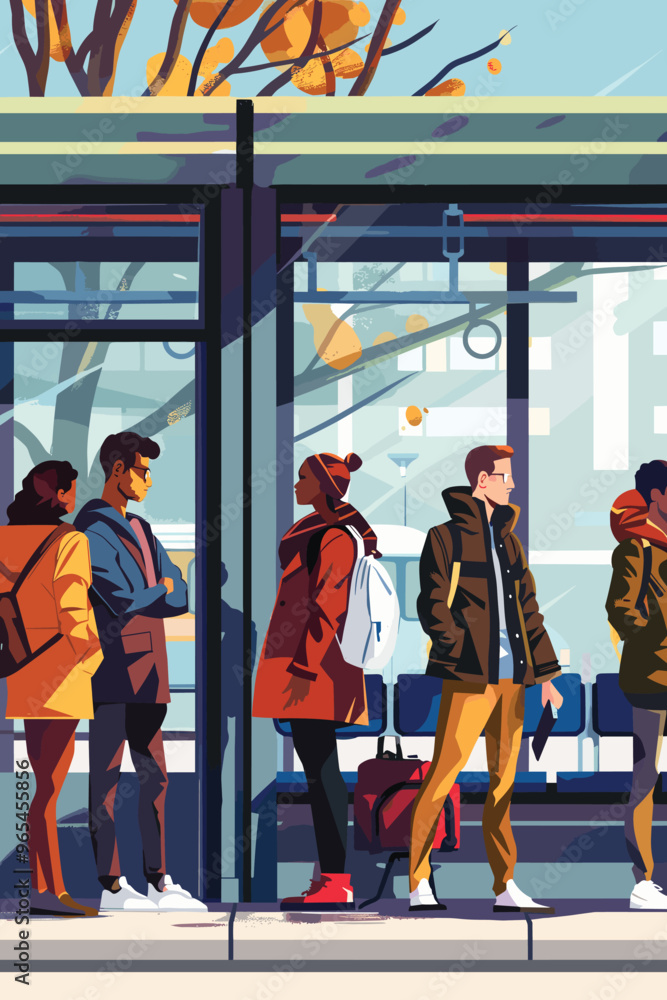 Diverse Group of People Waiting at Modern Public Transport Bus Stop in Urban Setting Stock ...