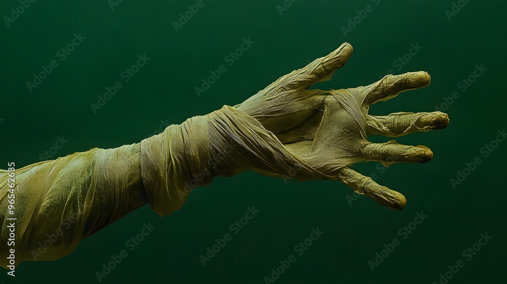 A single mummified hand with fingers extended, wrapped in loose ...