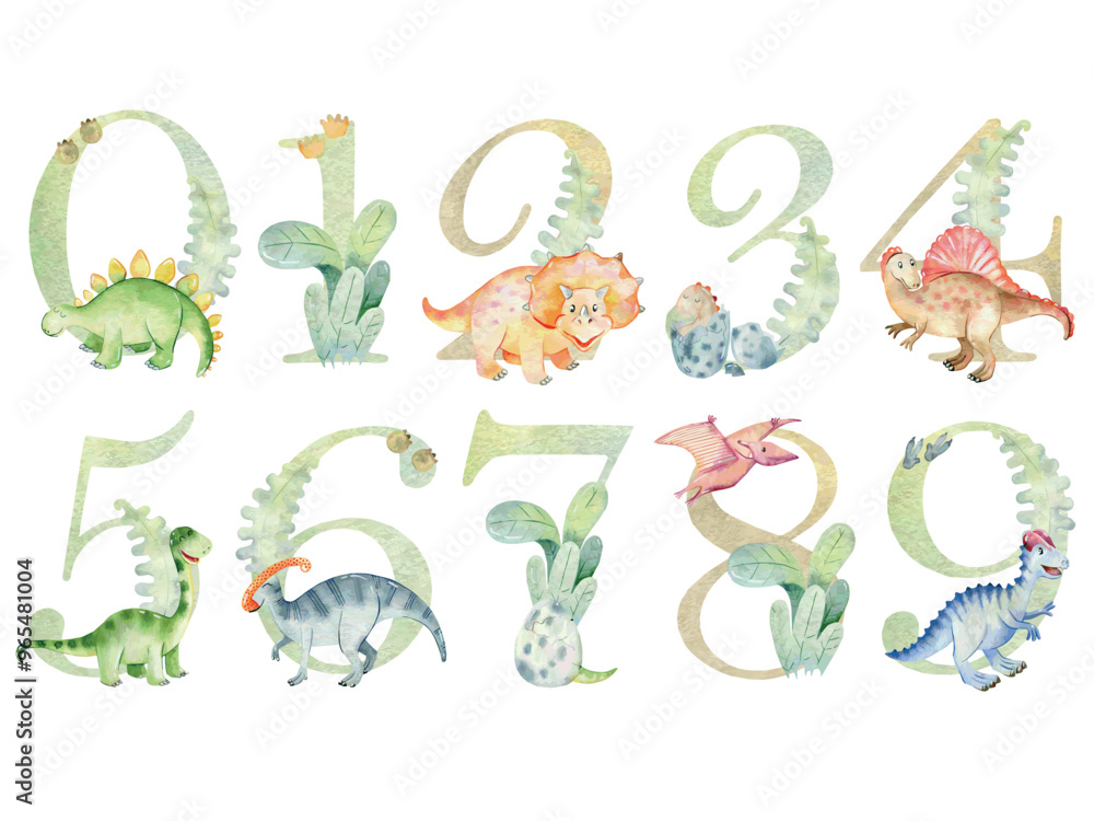 Vector watercolor dinosaurs numbers for invitation card, nursery poster ...