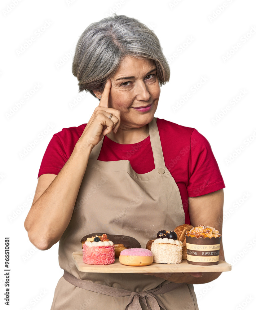 Caucasian mid-age baker with pastry tray pointing temple with finger ...