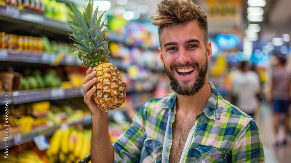 Foto de Stock Young man holding pineapple in supermarket aisle. Upside ...