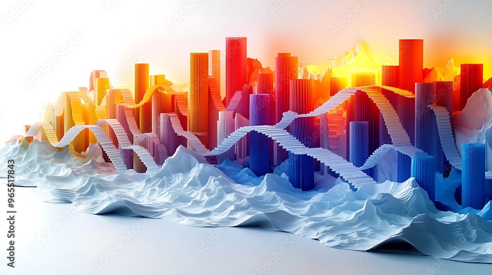 A colorful 3D papercraft timeline, horizontal paper columns of varying ...