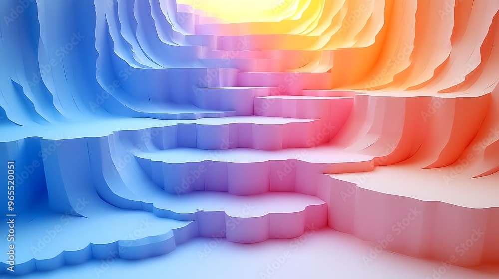 A creative 3D papercraft waterfall chart, pastel paper blocks stepping ...