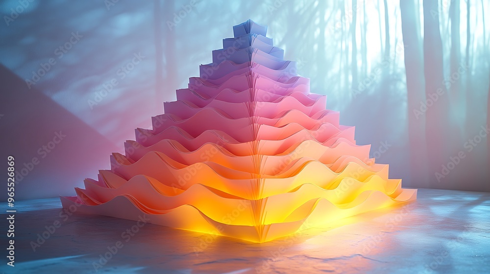 A modern 3D papercraft pyramid chart, pastel paper layers stacked in a ...