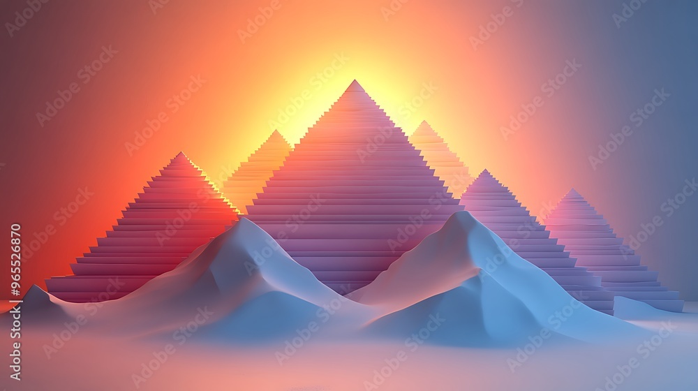 A modern 3D papercraft pyramid chart, pastel paper layers stacked in a ...