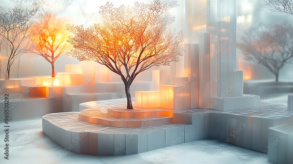 A sleek 3D papercraft tree map, muted color rectangles of different ...