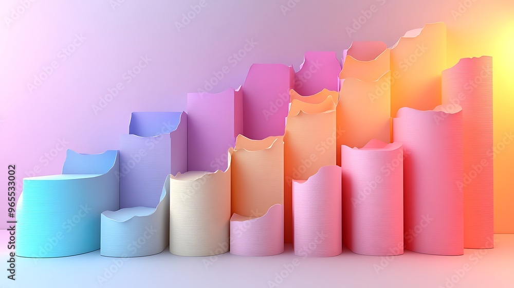 A vibrant 3D papercraft stacked bar chart, pastel paper bars with ...