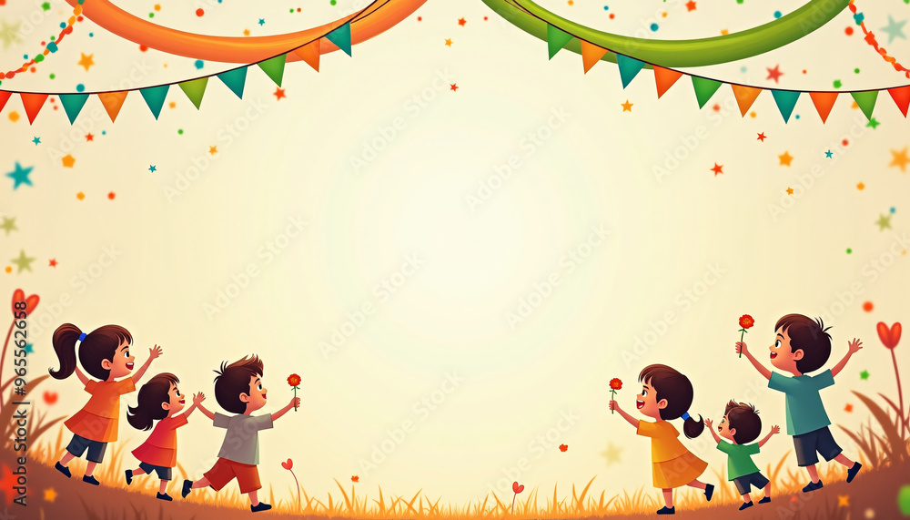 Hindi Diwas Design with Tricolor Banners and Children Celebrating Stock ...