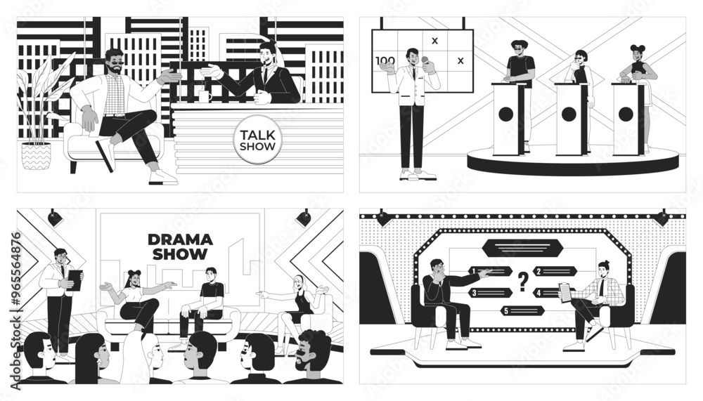 Entertainment TV shows black and white line illustrations set ...