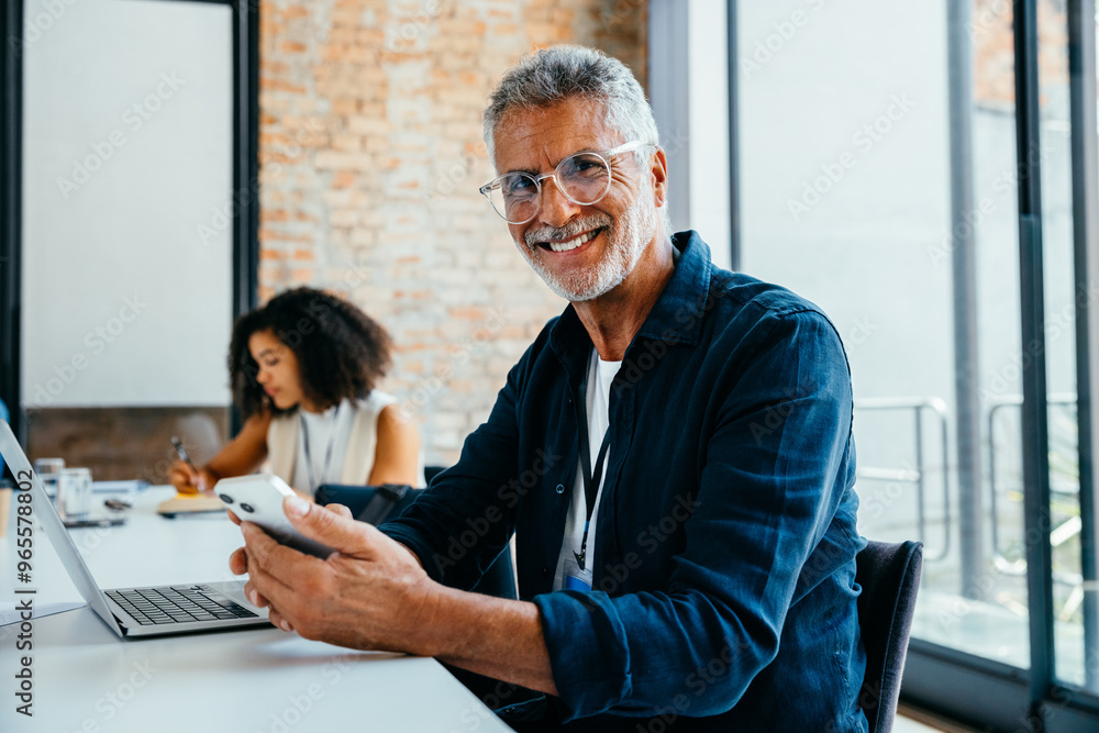 Seasoned business executive confidently working in a modern office ...