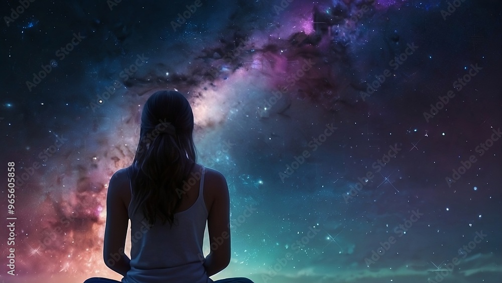 Girl sitting and meditating under a starry night galaxy sky, finding ...