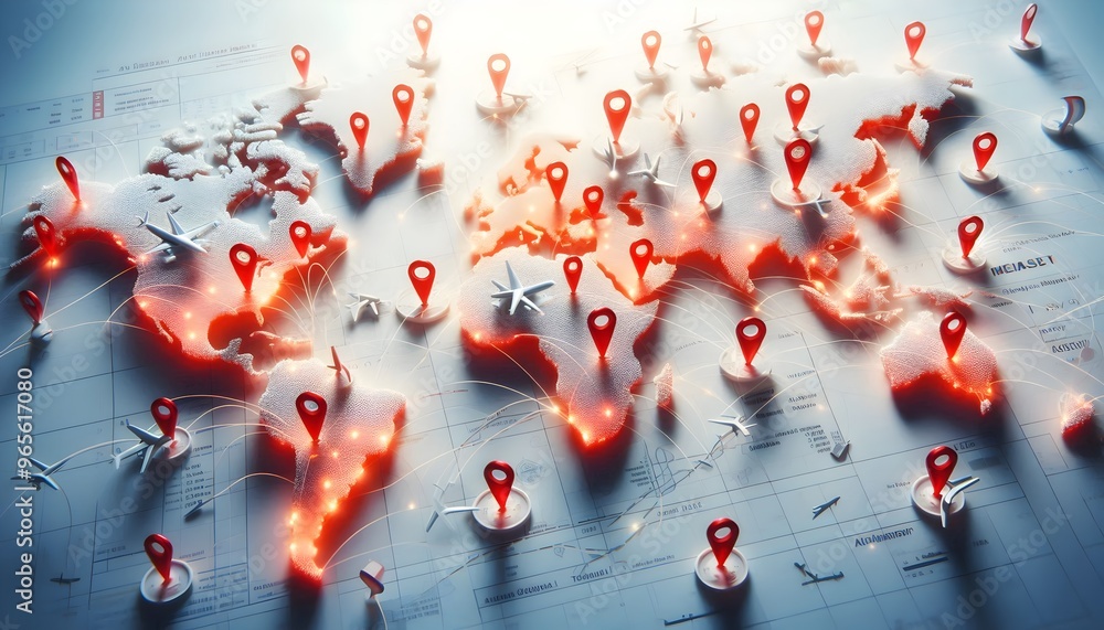 World Map Illustration with Pins and Connection Paths - Detailed Map ...