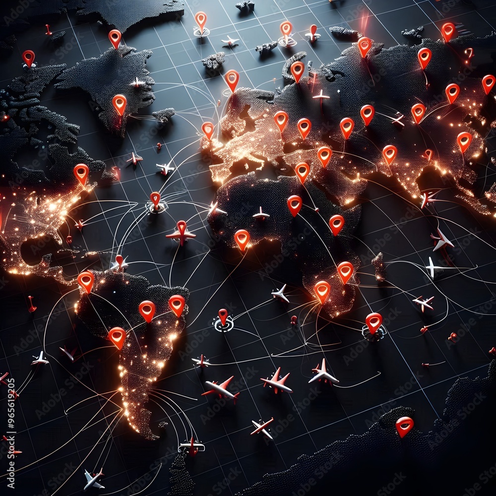 World Map Illustration with Pins and Connection Paths - Detailed Map with Location Markers and ...