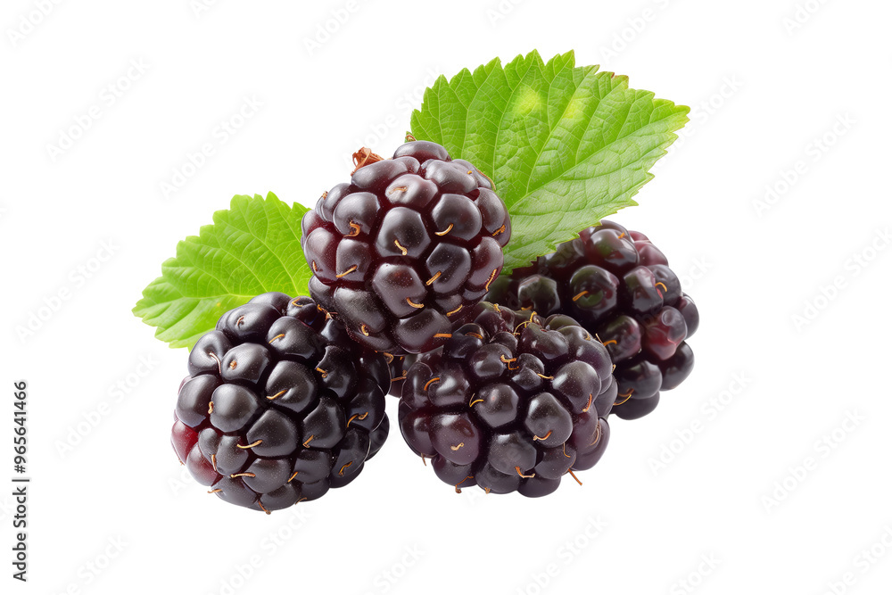 Fresh ripe blackberries or loganberry with green leaves, isolated on a ...