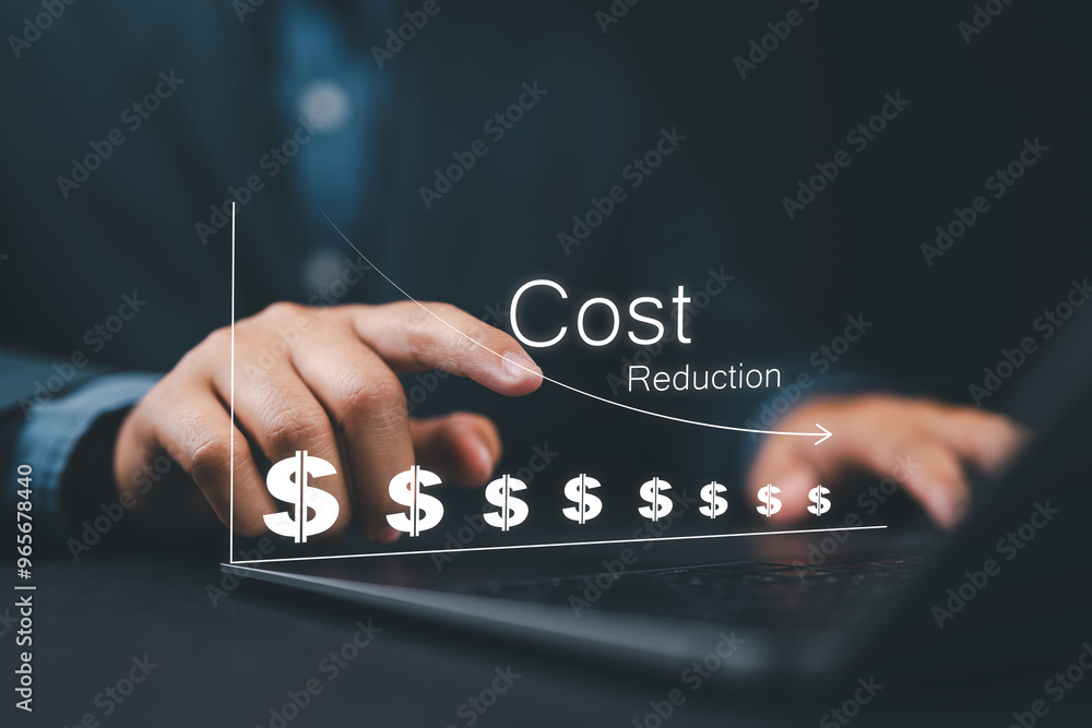 Cost reduction concept. Businessman working on company cost saving. Cost wording on decrease ...
