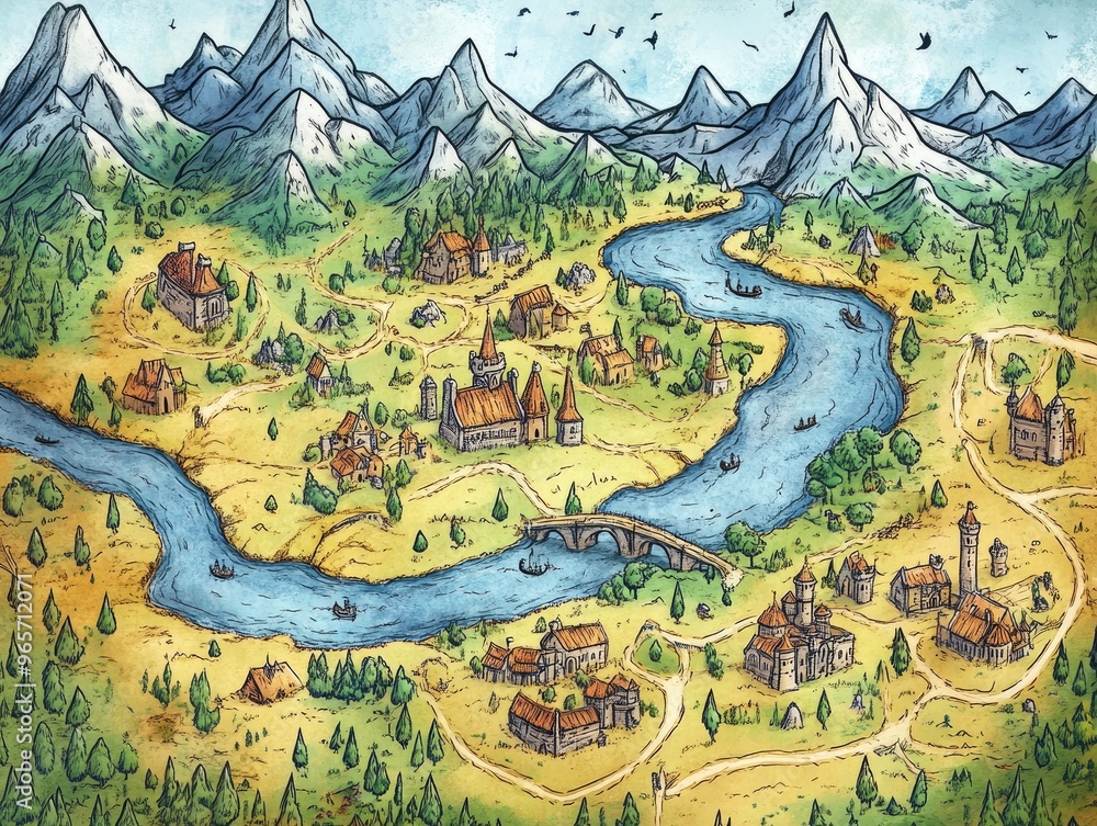 Fantasy medieval map featuring a river mountains and a village Hand ...